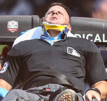 Giancarlo Stanton's Splintered Bat Hits MLB umpire Nick Mahrley, Injury ...